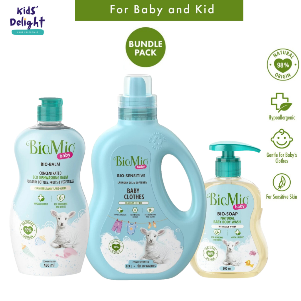 BioMio BABY Bundle Pack (450ml Liquid Cleanser Bottle + 900ml Baby Laundry Detergent + 300ml ...