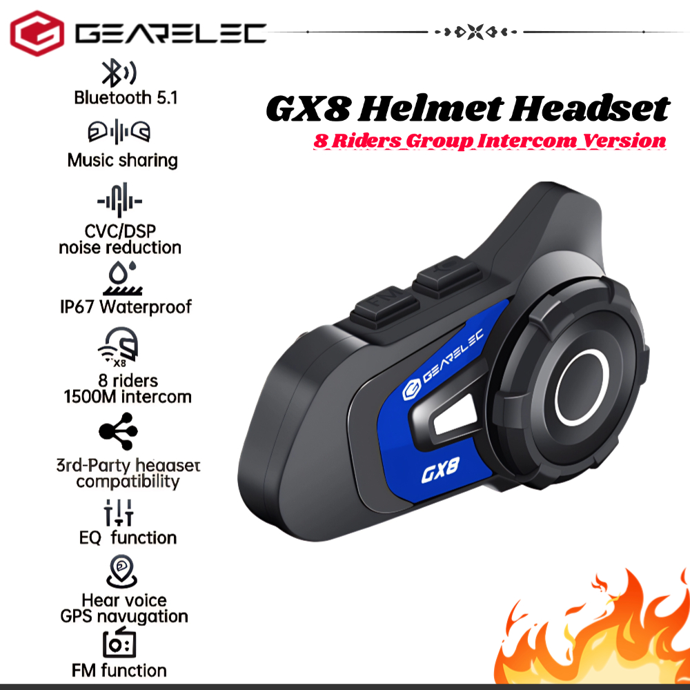 GEARELEC GX8 Motorcycle Intercom Helmet Headset 8-Rider Intercom 1500m ...