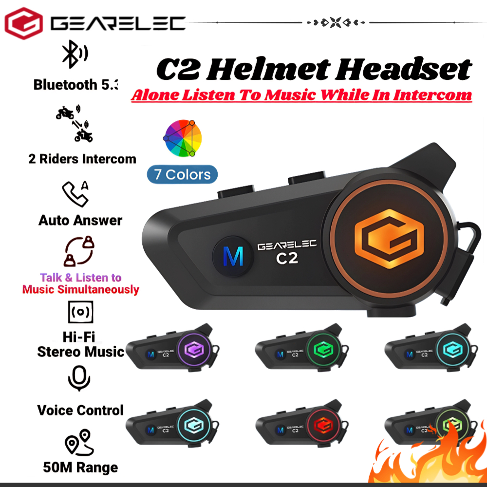 GEARELEC C2 Motorcycle Intercom Helmet Headset for 2 Riders For Talk ...