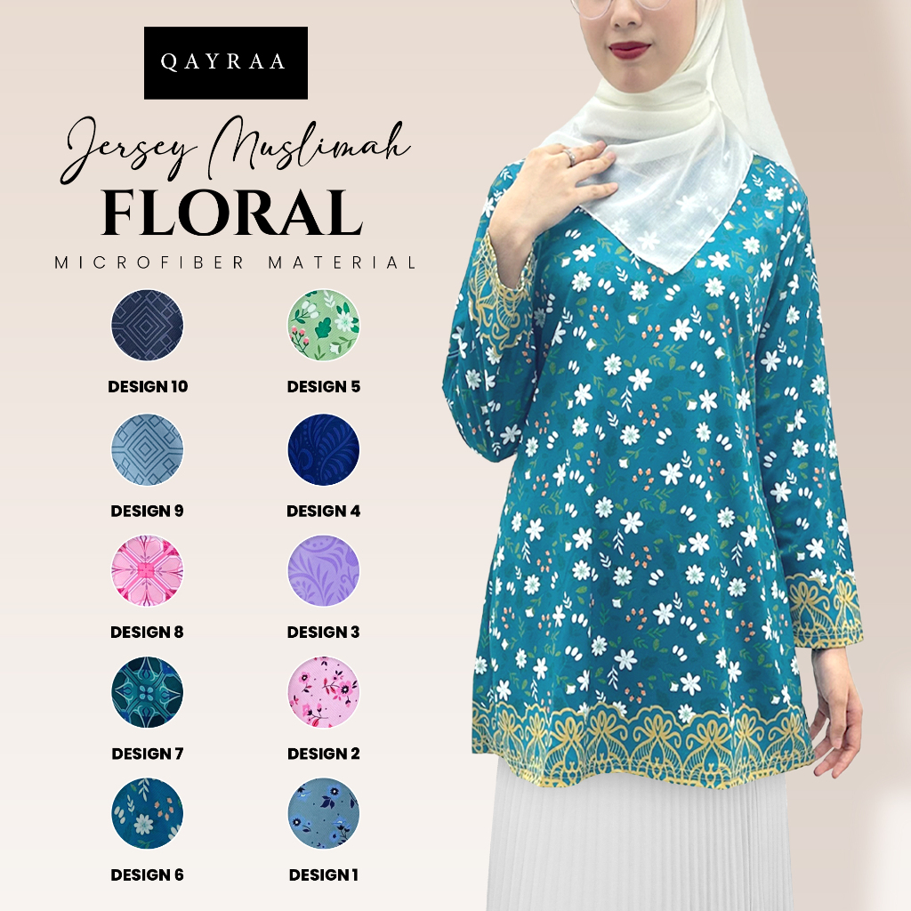 QAYRAA Jersey Muslimah Floral Jersi Bunga - Black/Red/Green/Pink ...