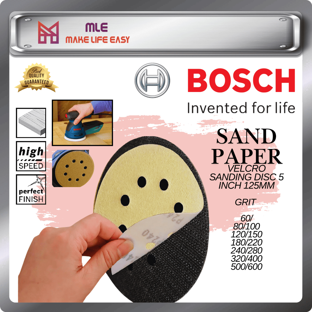 BOSCH ACC VELCRO SAND PAPER | SANDING DISC 5" 8 HOLES 125MM X 60/80/100 ...