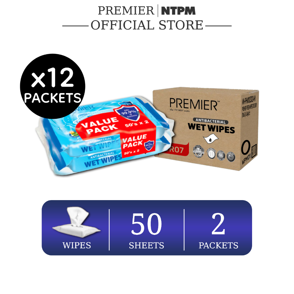 Premier Antibacterial Wet Wipes (50's x 2) x 12 Packets (Carton ...