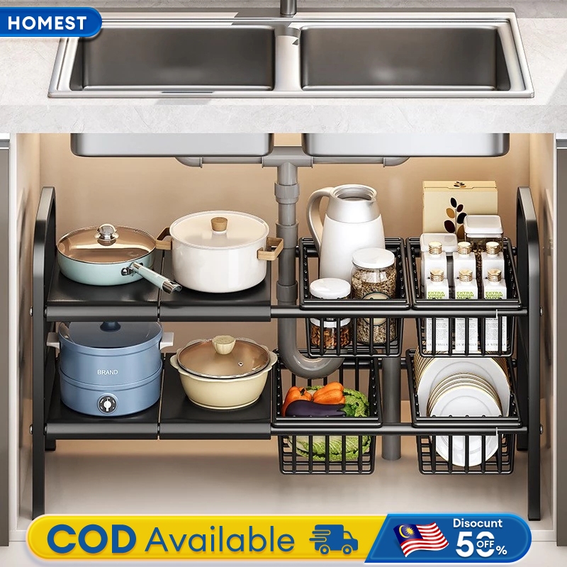 Extendable Stainless Steel Under Sink Rak Kitchen Storage Rak Serbaguna ...