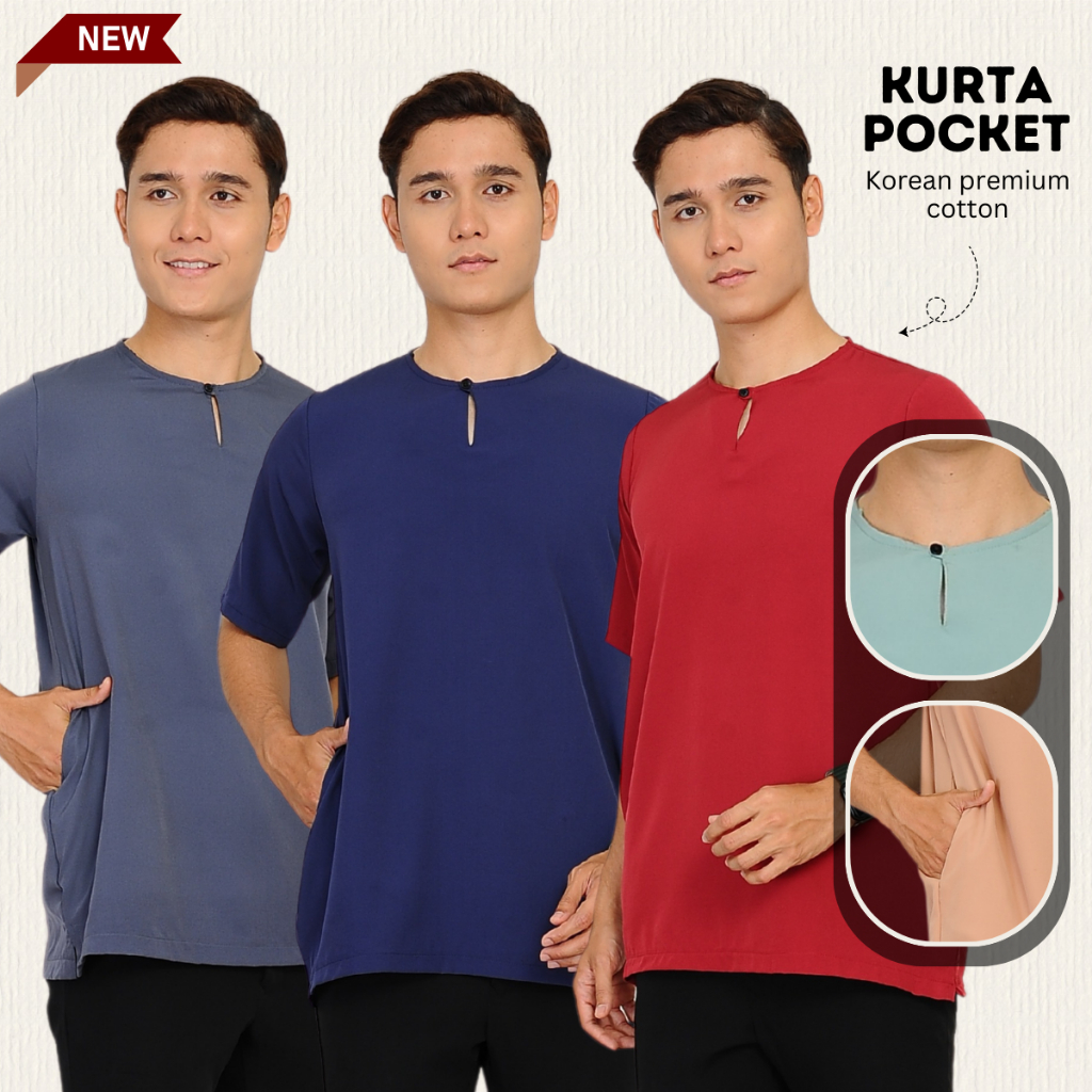 Kurta Lelaki Kapas Premium Korea 8 Warna dengan Leher Butang Bulat dan ...