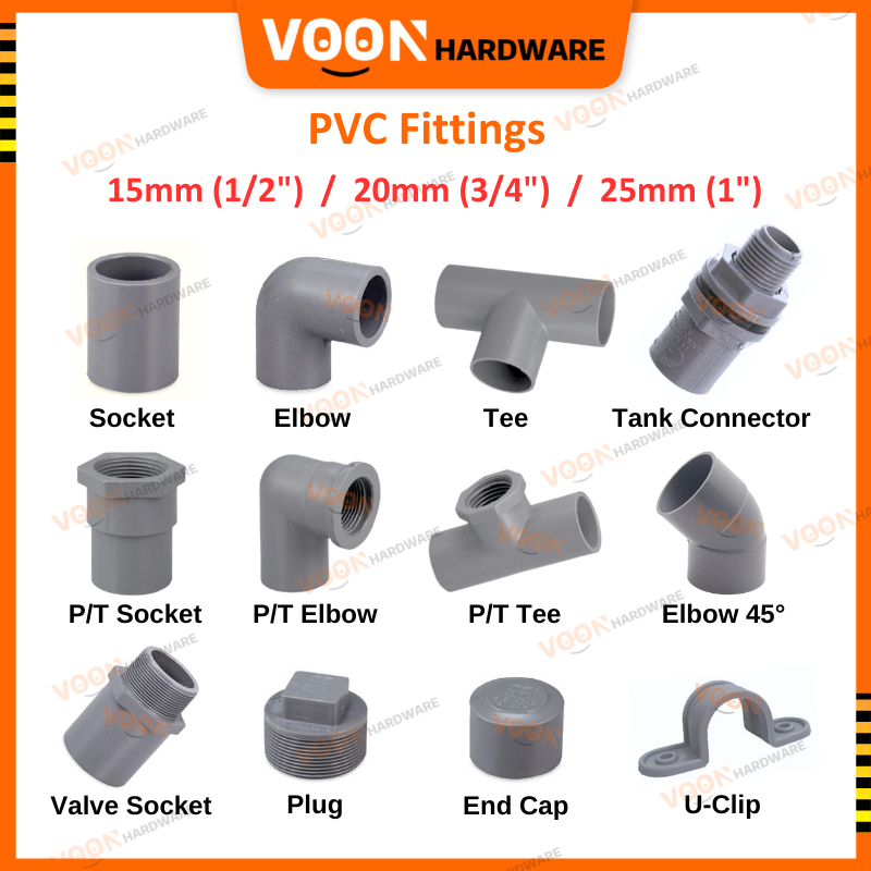 VOON PVC Pipe Fitting 1/2” 3/4” 1” PVC Socket Elbow Tee Valve Plug End ...