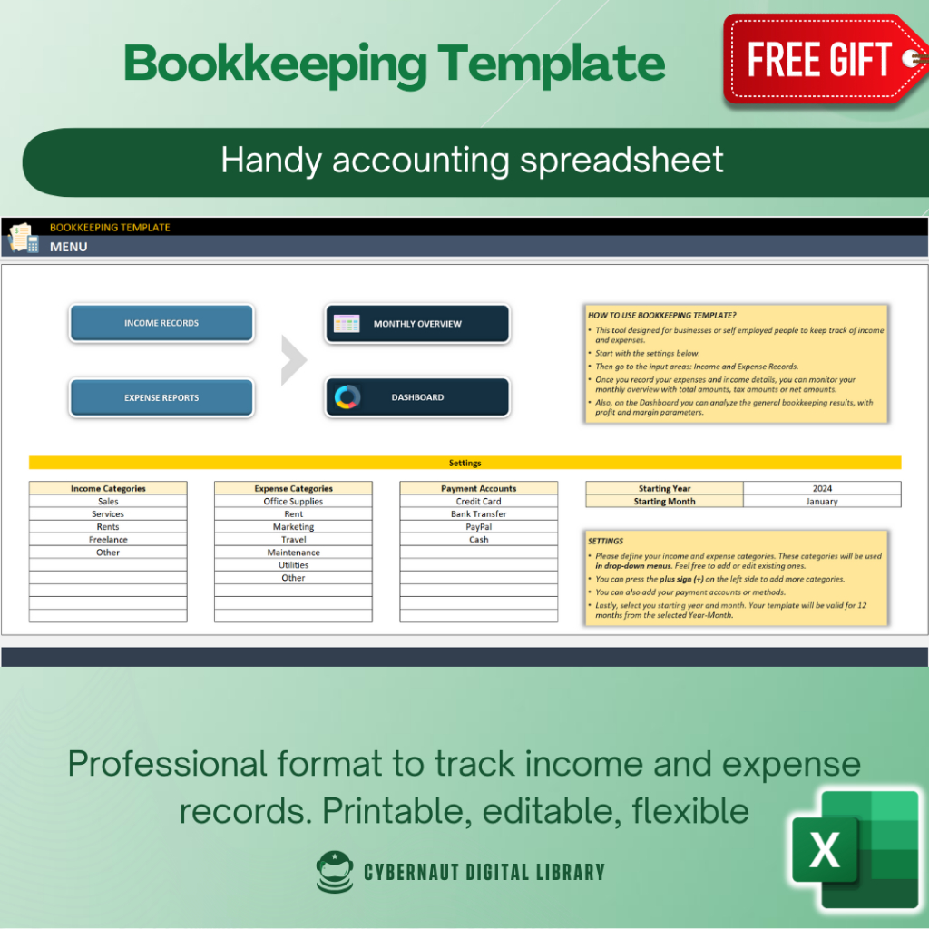 Excel Template - Bookkeeping Accounting Template (Free 12-in-1 Bundle ...