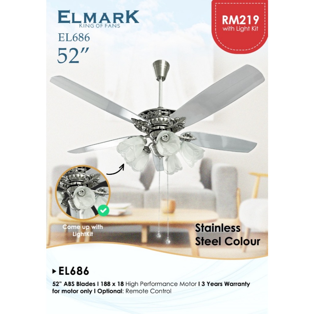 Elmark Ceiling Fan 52" (Wooden Blades) (With Light Kit) **EXCULDED BULB ...