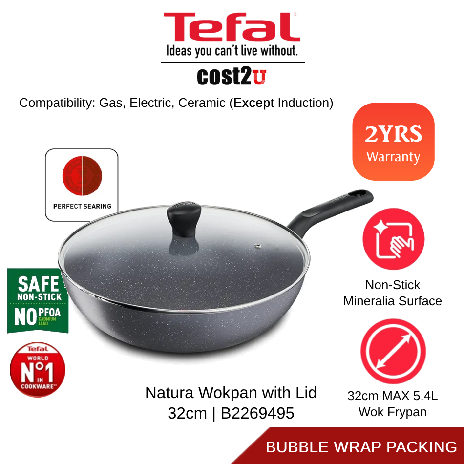 [100% Secure] Tefal Non-Stick Natura Wokpan with Lid 32cm (Kuali Big Fry Pan Deep Cookware Pans ...