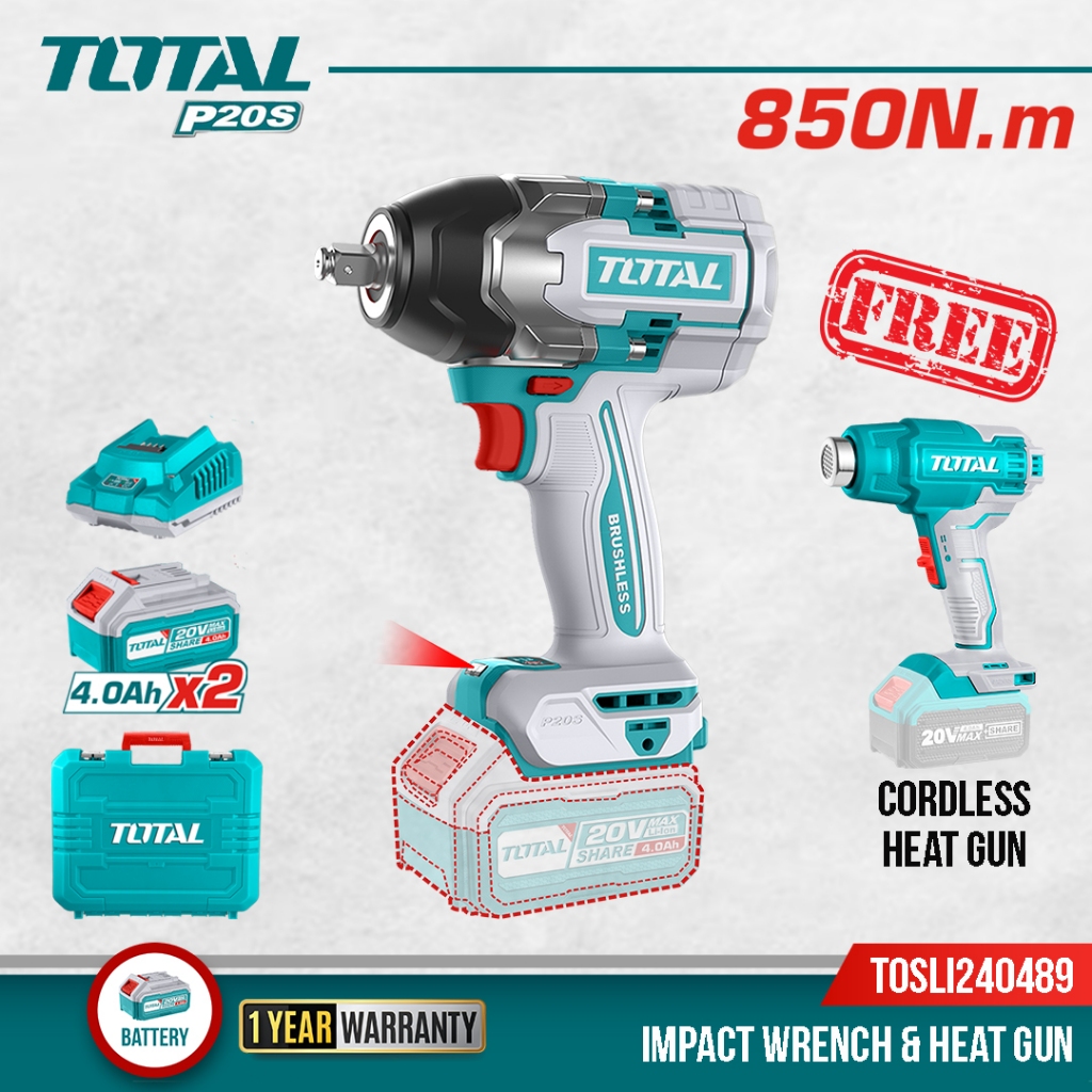TOTAL Li-ion Impact Wrench (300-850Nm) Brushless Motor + Battery (2 Pc ...