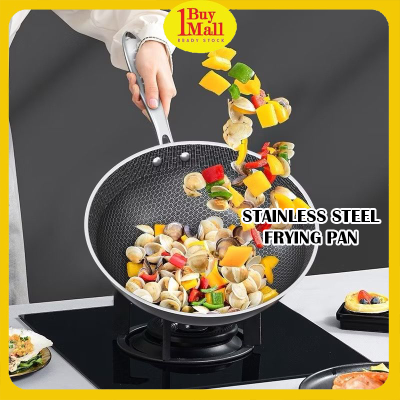 26/28/30/32cm Stainless Steel Honeycomb Non-stick Pan Single Handle Frying Pan KUALI cooking non ...