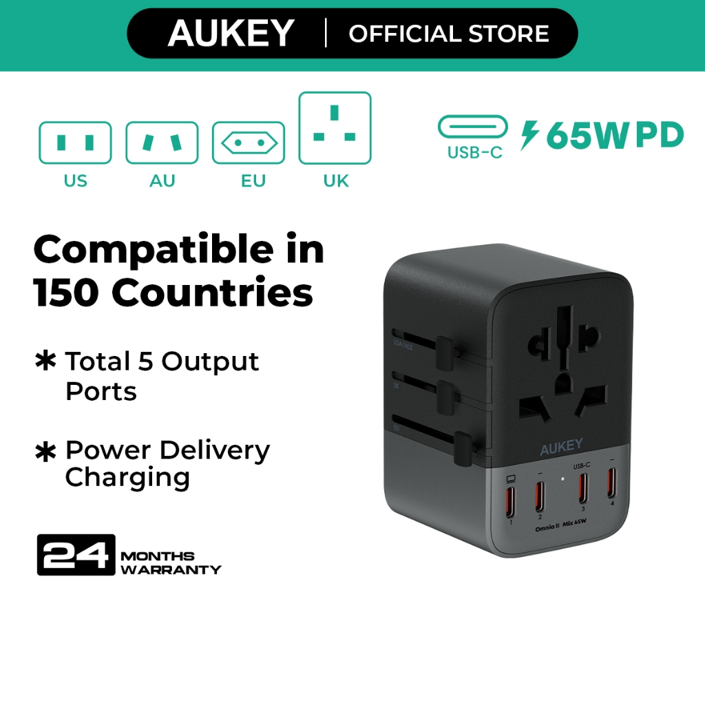 Aukey PA-TA08A 65W Travel Mate GaN Universal Adapter with USB ports ...