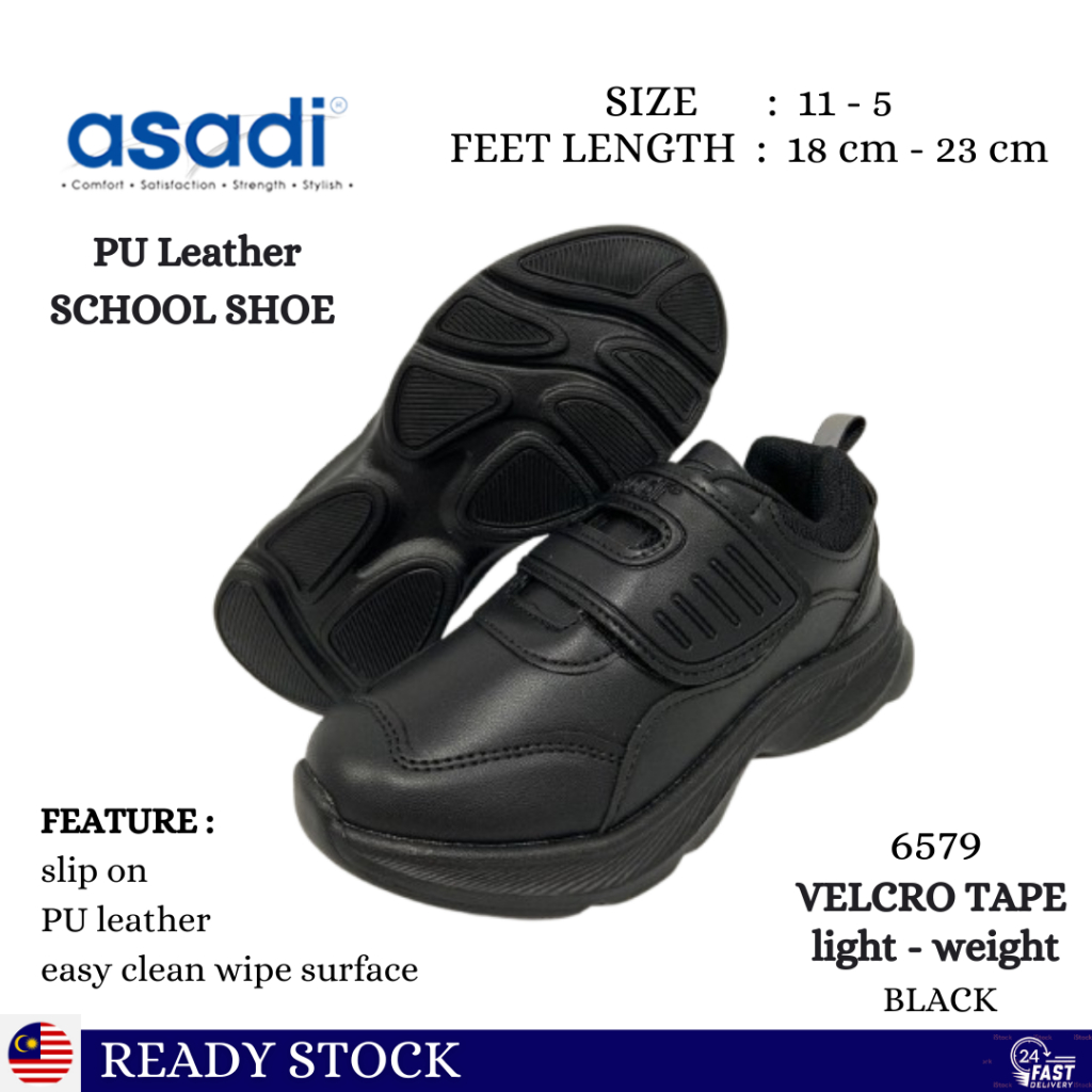 asadi 6579 light-weight velcro tape BLACK full PU SCHOOL SHOE | kasut ...