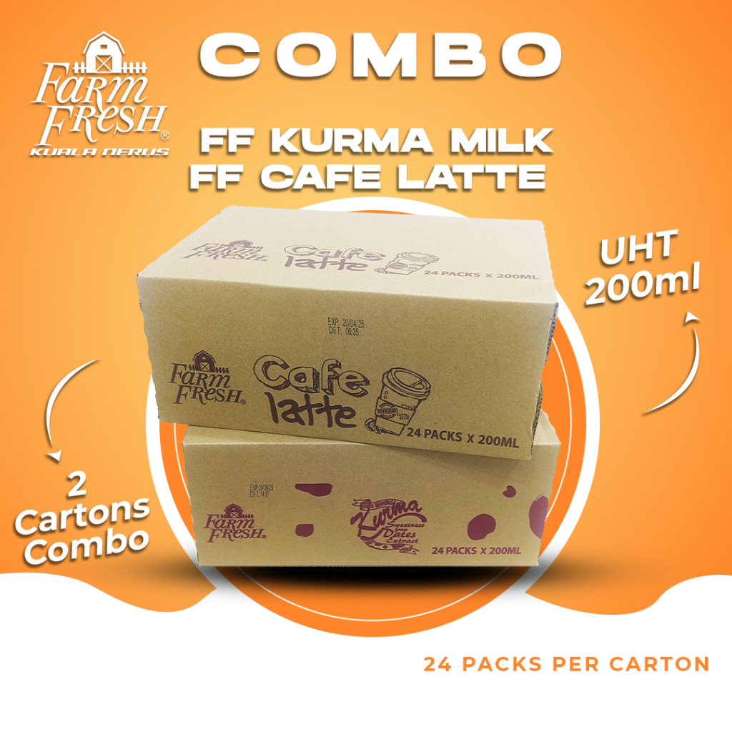 Farm Fresh Milk UHT Kurma + Farm Fresh UHT Cafe Latte 200ml x 24 Packs ...