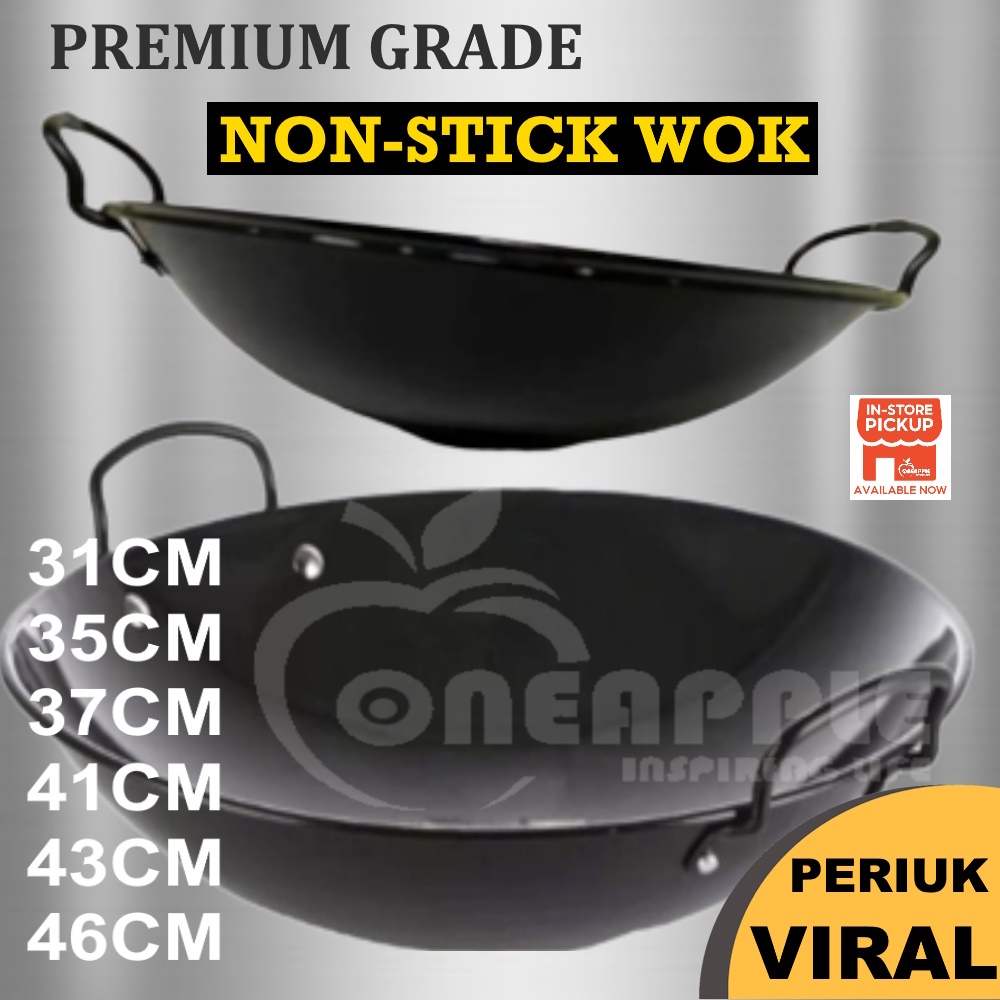 31cm,35cm,37cm,41cm,43cm,46cm Viral Wok Iron Wok Kuali Hitam Kuali Besi Tak Melekat Kuali Besi ...