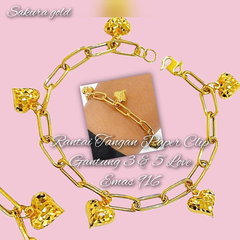 sakuragold Rantai tangan paper clip gantung 3 & 5 love emas 916 gold ...