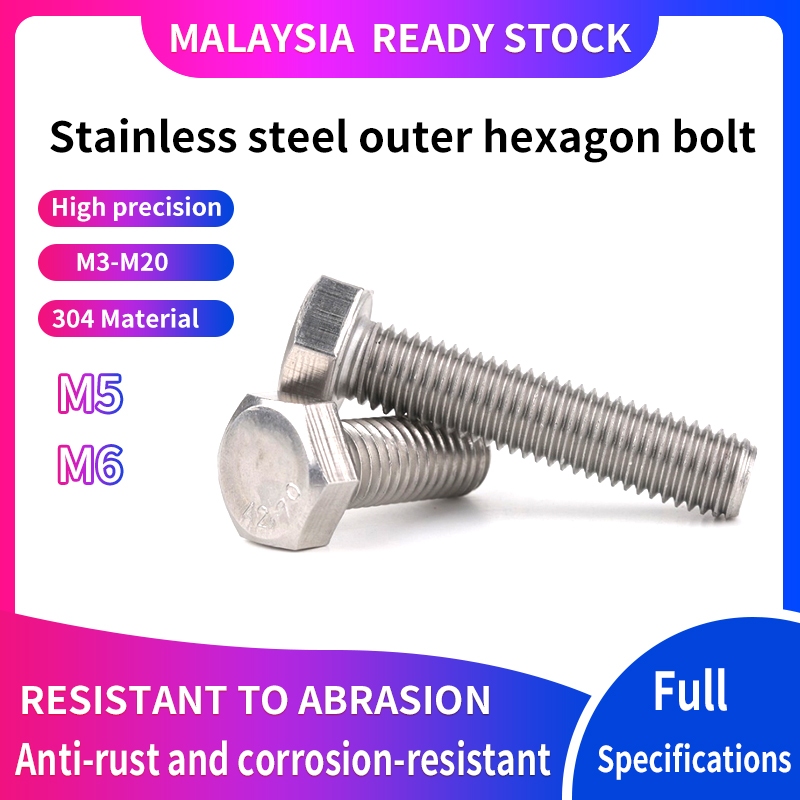 M5 M6 Hex Bolt 304 Stainless Steel DIN933 Screw Skru Spanner Hexagon ...