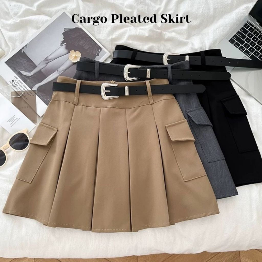 Cargo Pleated Skirt - Khaki / Grey / Black [EUN STUDIO] | Shopee Malaysia