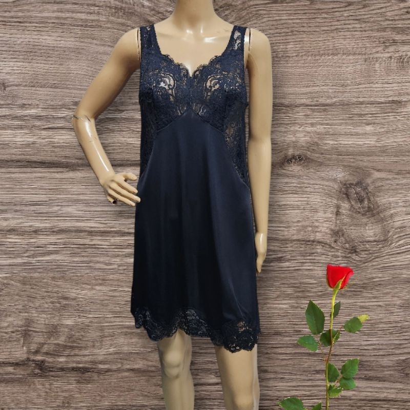 LLS352 (L) Charle nylon slips dress nightwear with lace black color ...