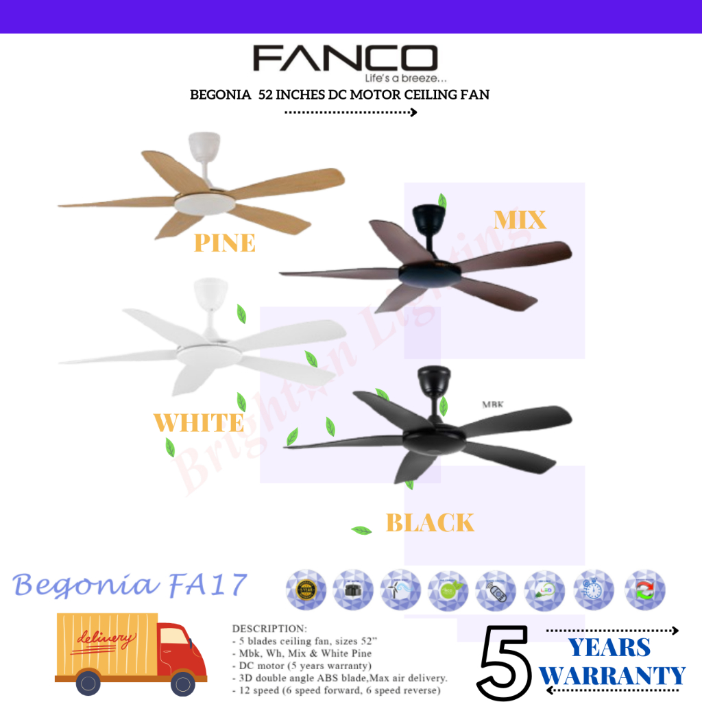 FANCO BEGONIA FA17 52 INCHES DC MOTOR CEILING FAN REMOTE CONTROL KIPAS | Shopee Malaysia