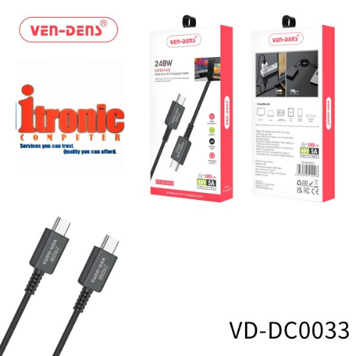 Ven-Dens Type C To Type C Charging Cable 240W Black (1.8 Meter ...