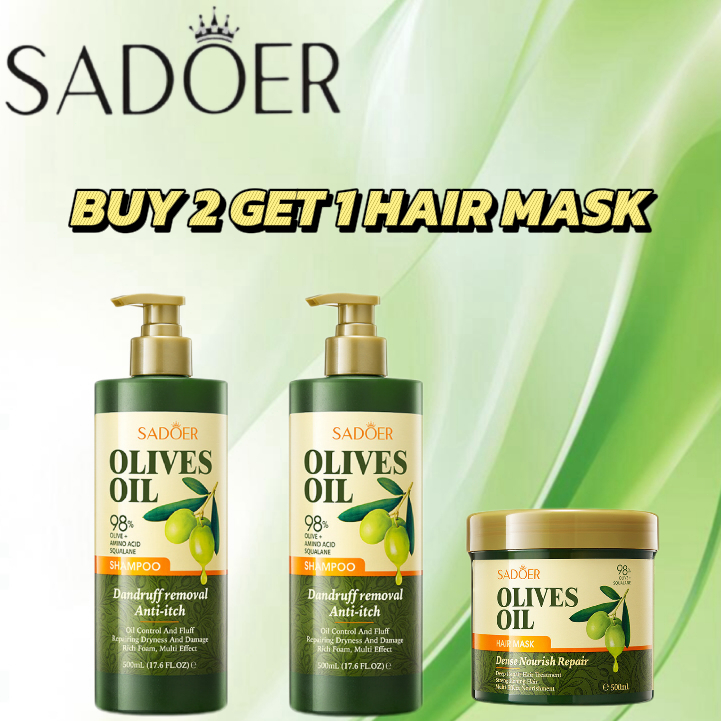 SADOER Olive Oil Shampoo Bundle - Buy 2 Shampoos, Get 1 Hair Mask FREE! Anti-Dandruff & Deep ...