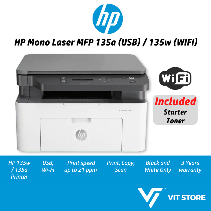 HP Mono Laser MFP 135a USB / 135w Wireless Printer ( Print Copy Scan WiFi Manual Duplex Printing ...
