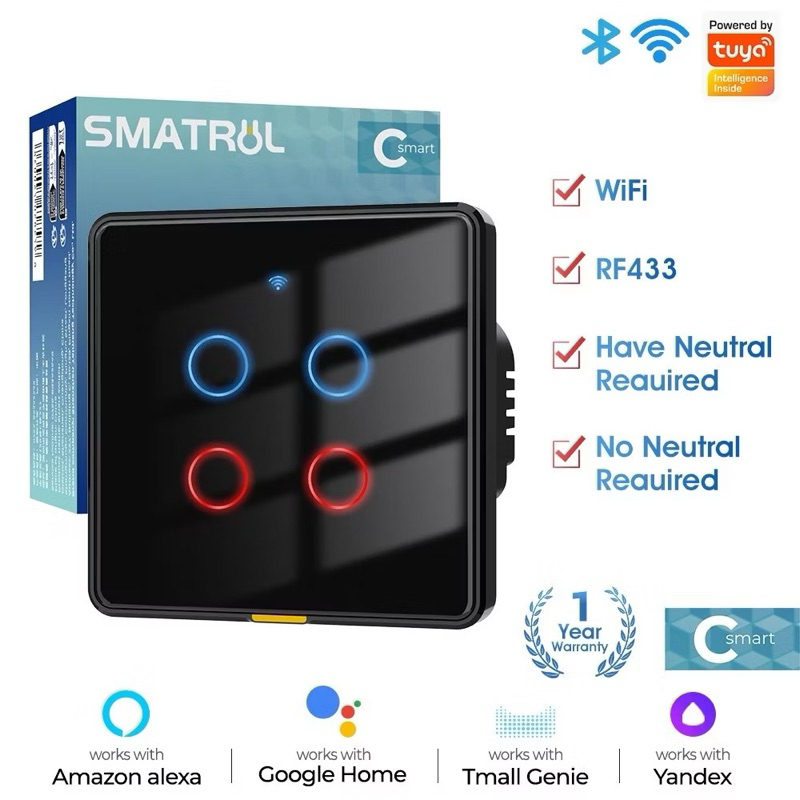 SMATRUL WiFi Smart Wall Switch Tuya Wifi+RF433MHz Touch Button Switch ...