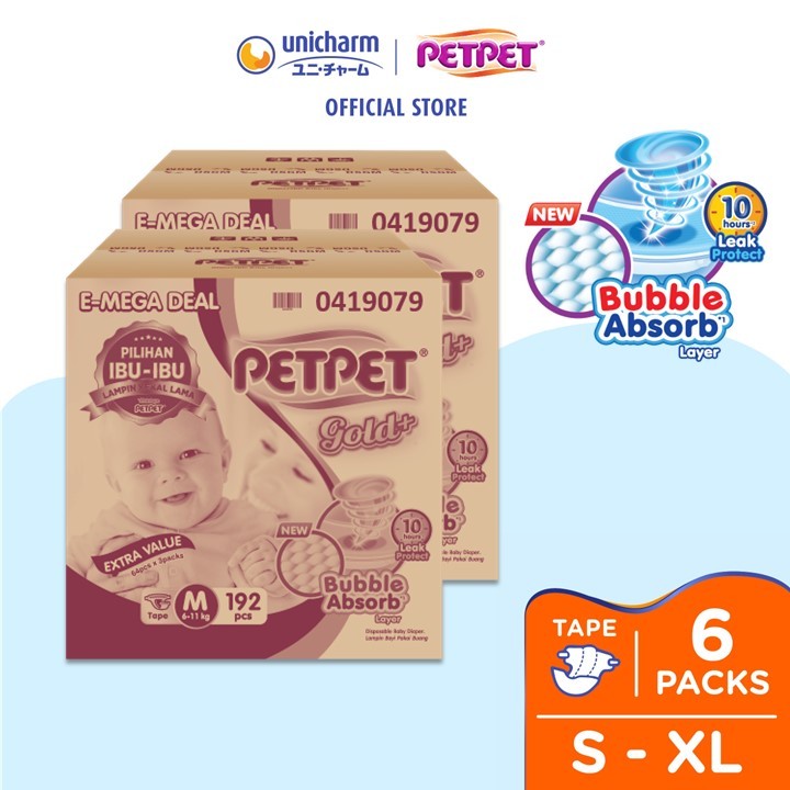 [Bundle of 6] PETPET E-Tape Gold+ Baby Diapers S76/ M64/ L54/ XL42 ...