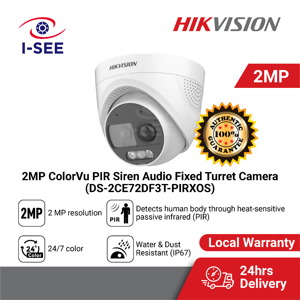 [Authentic] Hikvision 2MP ColorVu PIR Siren Audio Fixed Turret Camera DS-2CE72DF3T-PIRXOS 24/7 ...