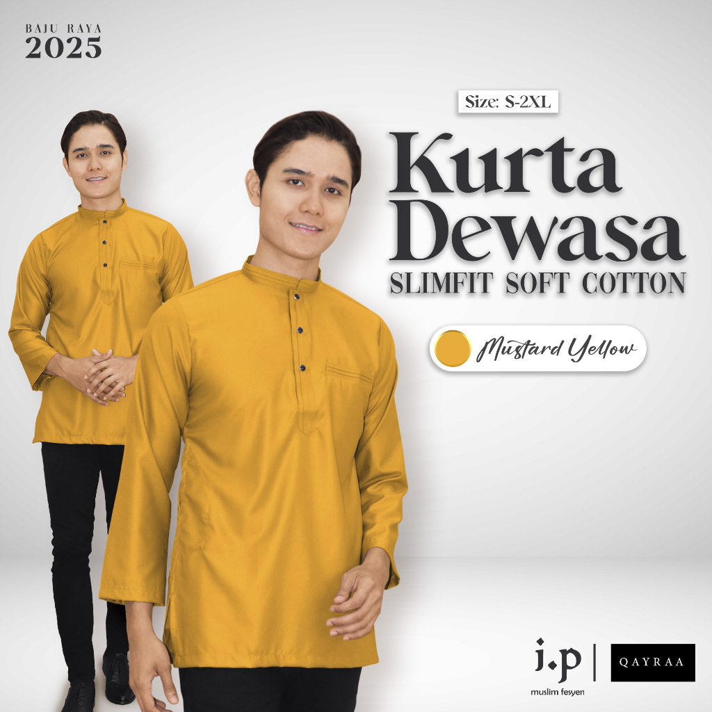 QAYRAA 2025 MUSTARD YELLOW Baju KURTA DEWASA Lelaki Long Sleeve Slim ...