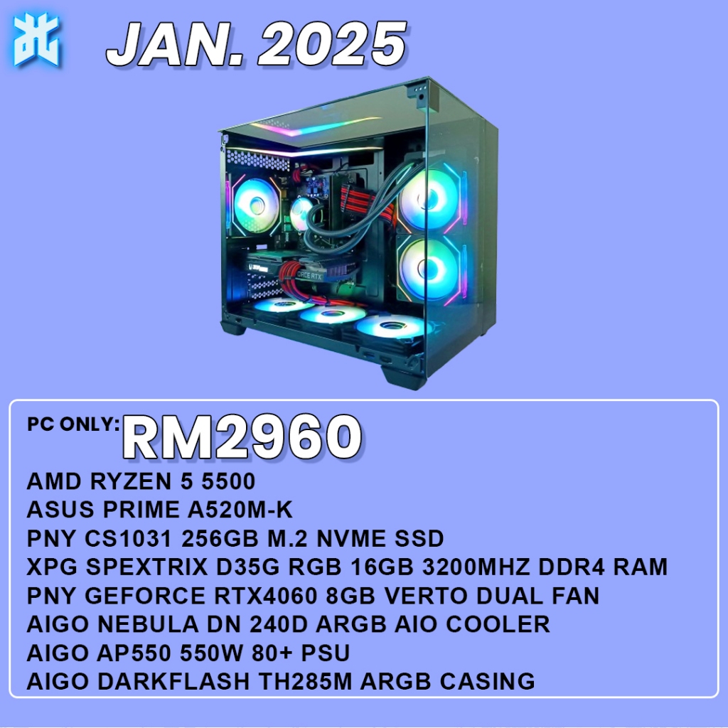 AMD RYZEN 5 5500 + RTX4060 8GB + AIGO DARKFLASH TH285M ARGB CASING PC ...