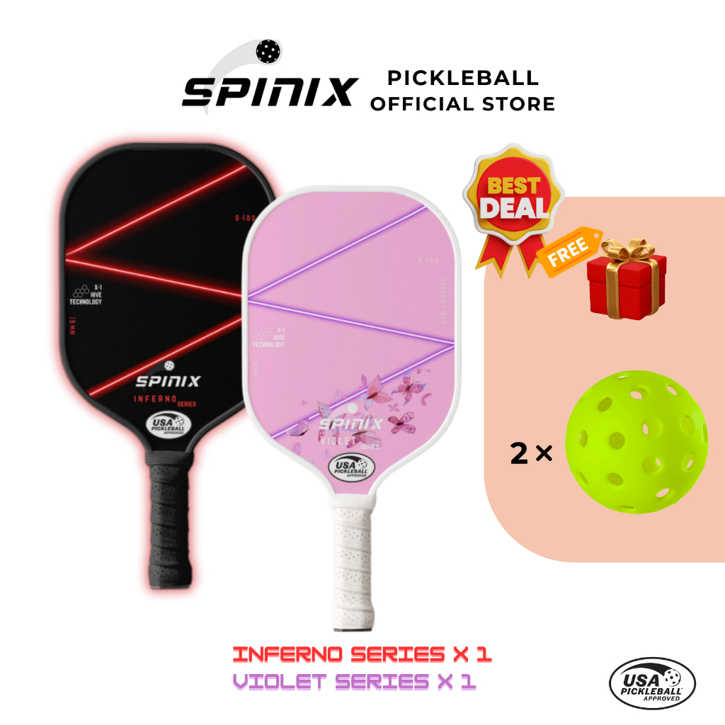 SPINIX Inferno + Violet Series Pickleball 【COMBO SET】 (2 pcs) FREE 2 X BALL T700 CARBON FIBER ...