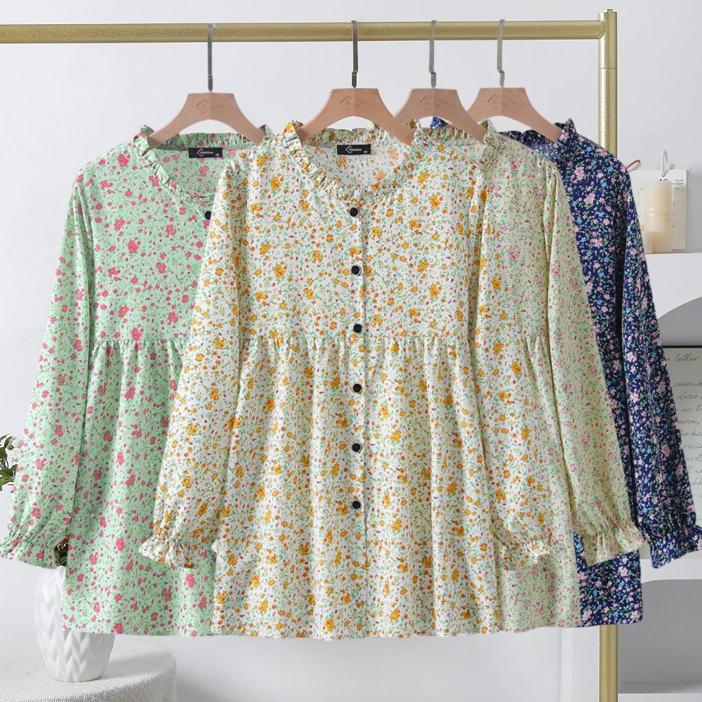 Pickone Fashion Muslin Baju Blouse Wanita Chiffon Floral Shirt Blouse ...