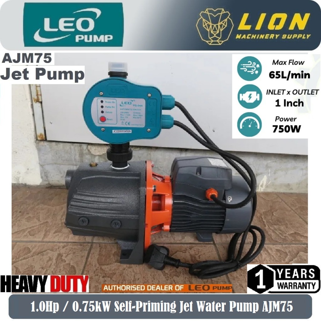 LEO 1.0Hp/0.75kW Self-Priming Jet Water Pump AJM75 with/without Automatic Controller - 1 Year ...