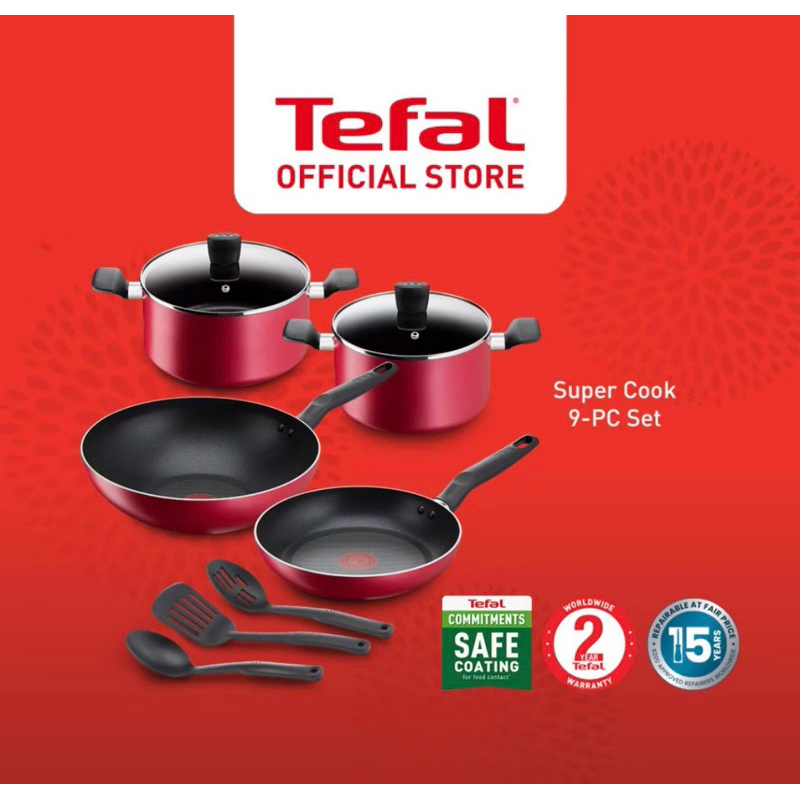 Tefal Supercook 9pcs set (Frypan 24cm, Wokpan 28cm, Stewpot 22cm & 24cm, 3 Spatulas) | Shopee ...