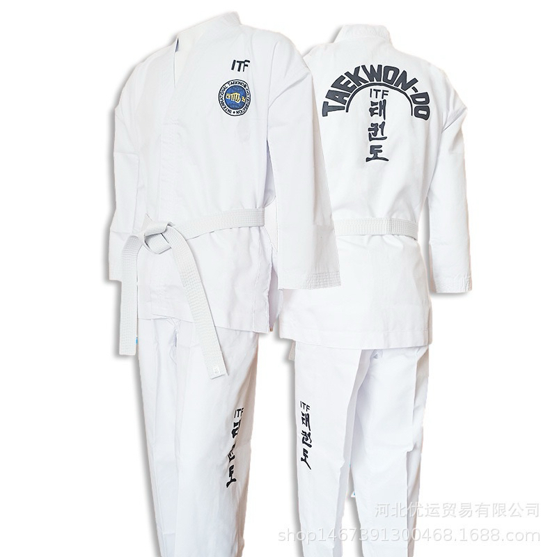 ITF Taekwondo uniforms for children and adults with striped fabric training uniforms | Shopee ...