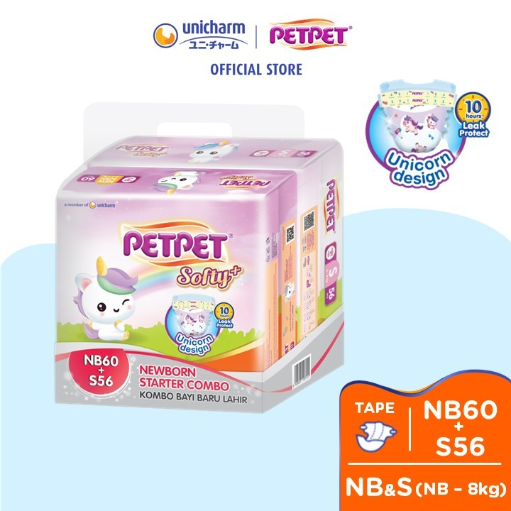 PETPET Unicorn Softy+ Tape Baby Diapers Combo Pack NB60+S56 (NB - 8kg ...