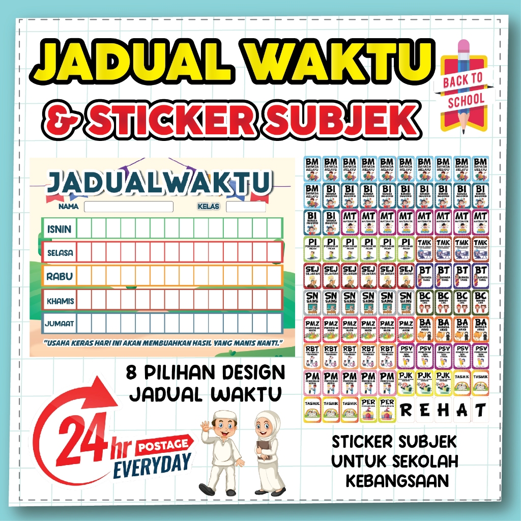 Jadual Waktu Kelas Boleh Ubah | Saiz Manilakat | Sticker Subjek ...