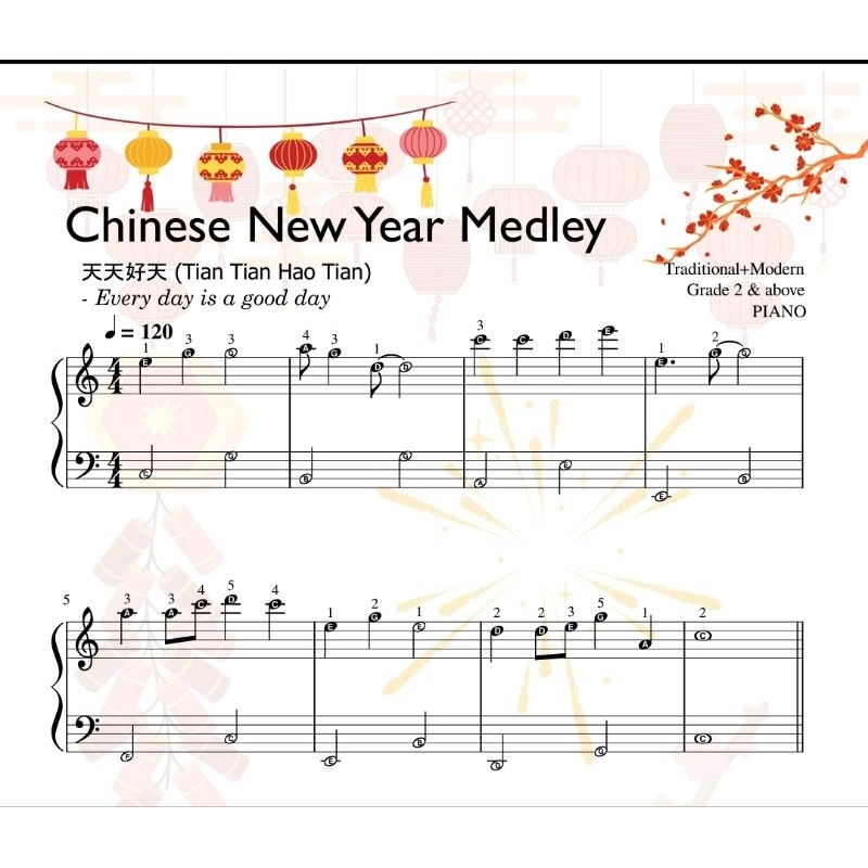 Chinese New Year Songs Medley Piano Sheet Music Score with note names ...