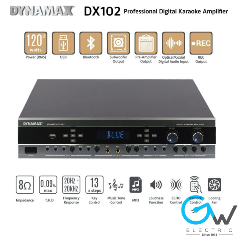 DYNAMAX DX102 120W Professional Digital Home Karaoke Amplifier with Bluetooth, USB, Optical ...