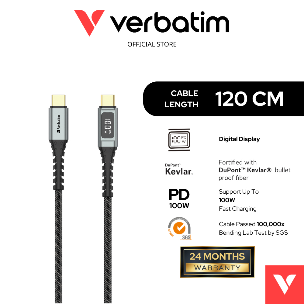 Verbatim Type-C To Type-C LED Display Cable E-Marker Dupont Kevlar With ...