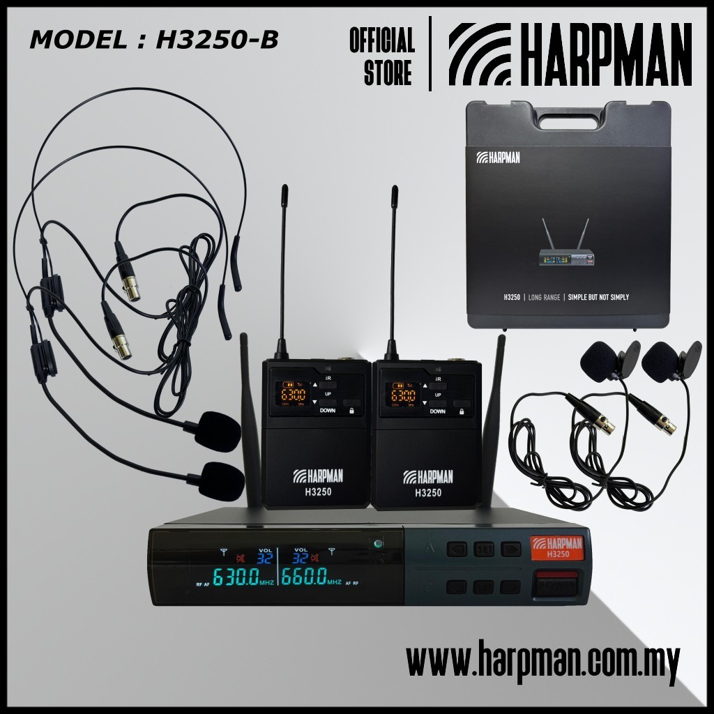 HARPMAN H3250-B 2 CHANNEL BODYPACK WIRELESS MICROPHONE SYSTEM 1/2 U ...