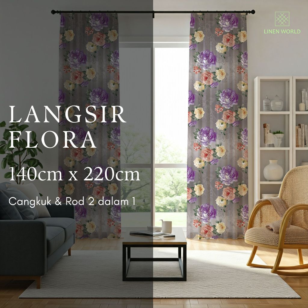 Langsir Flora Semi Blackout 100% Cotton 2 in 1 Hook / Rod Pocket ...