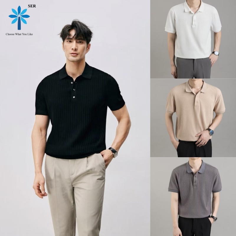 SER Men's Short Sleeve POLO Shirt, Korean Version Slim Knit Lapel Shirt ...