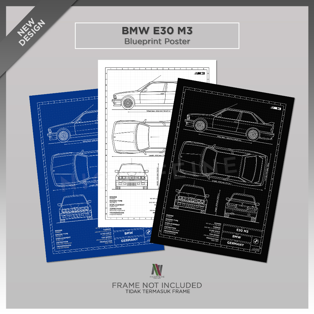 [Poster Only] BMW M3 E30 S14B Bimmer Minimal Car Blueprint Style Art ...