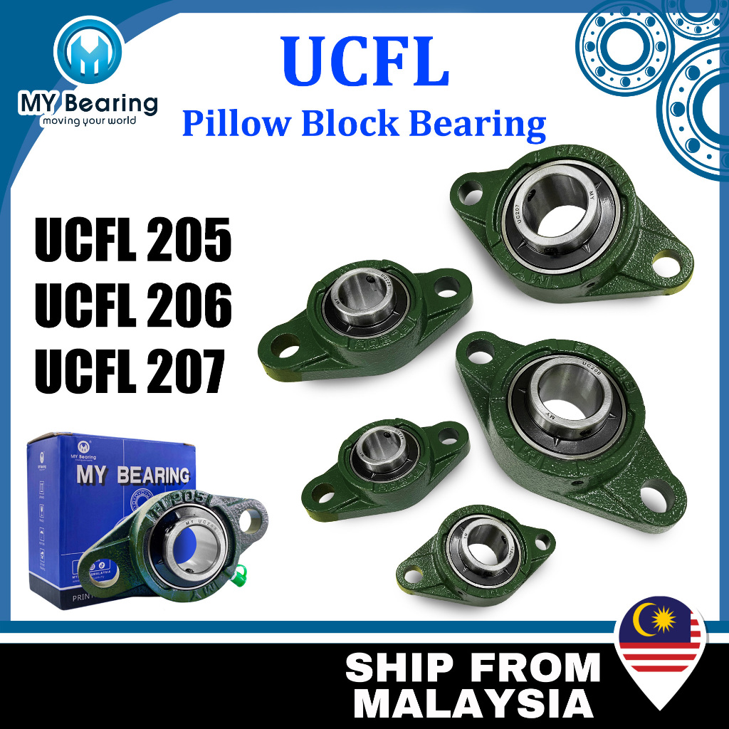 UCFL205 UCFL206 UCFL207 MY Two-Bolt Pillow Block Bearing hole in mm/inch Shaft Diameter Eye ...