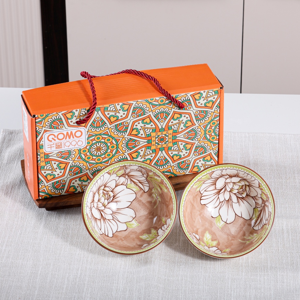QOMO Bohemian Ceramic Bowl Set Gift with Box Seramik Mangkuk Pinggan ...