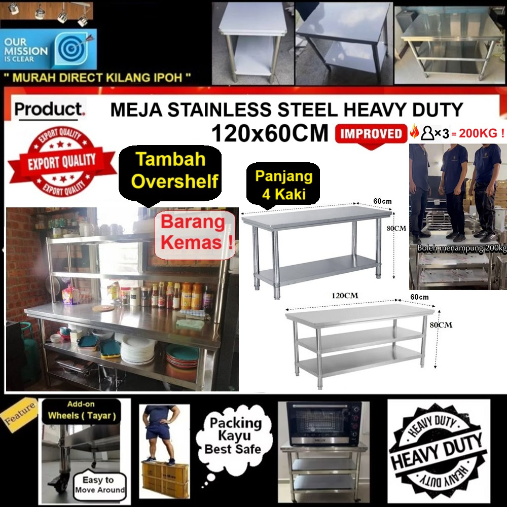 MEJA BUDGET STAINLESS STEEL 120CM/4 KAKI. WORK TABLE WORK BENCH /MEJA ...