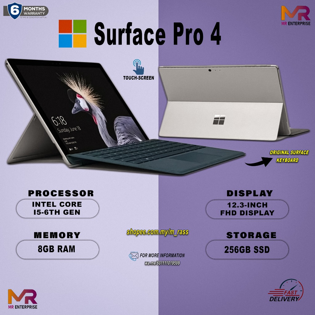 Microsoft Surface Pro 4 | Intel Core i7-6th Gen / i5-6th Gen | 8GB RAM | 256GB SSD | Windows 10 ...