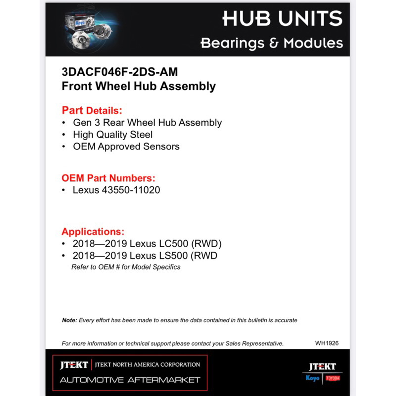 LEXUS LS500 GSF50 GVF50 VXFA50/ LC500 URZ100 GWZ100 FRONT WHEEL BEARING ...